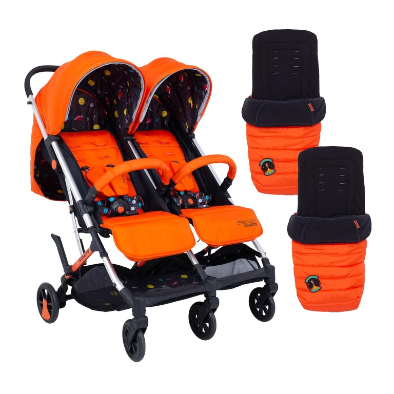 Cosatto Woosh Double Stroller and Footmuffs Bundle - Spaceman – Rascal Babies